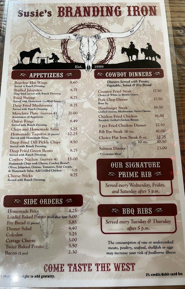 Menu at Susie's Branding Iron Restaurant, Moab