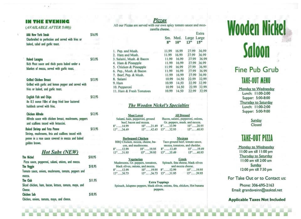 Menu at Wooden Nickel Saloon pub & bar, Indian Head