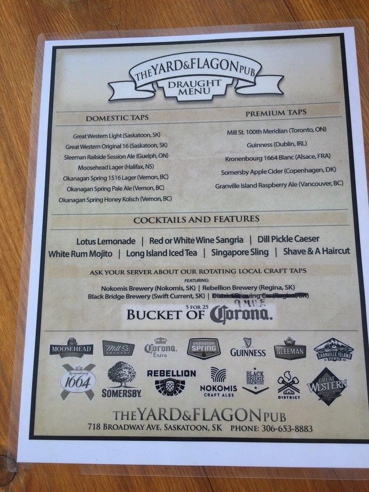 Menu at Yard & Flagon pub & bar, Saskatoon
