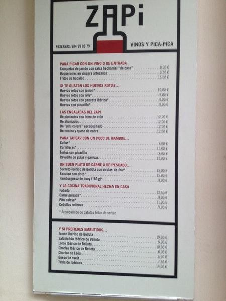 Menu at Zapi Vinos Y Pica-Pica pub & bar, Gijón