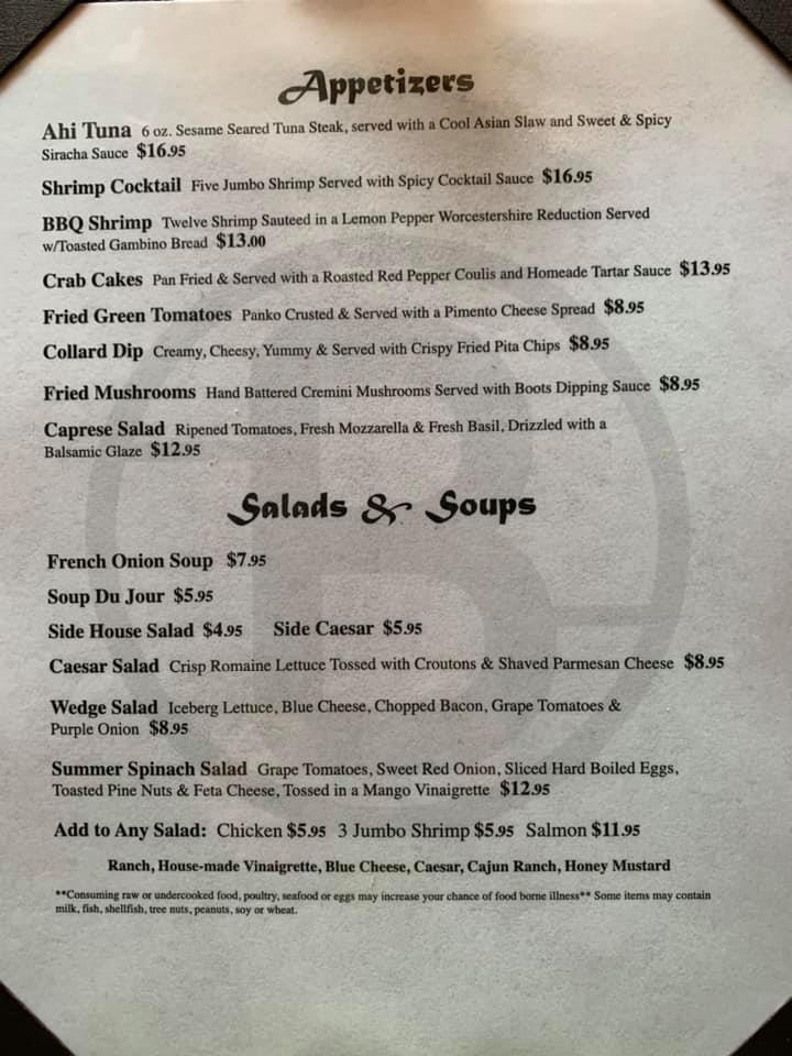 Menu at Boots Steakhouse, Dillsboro