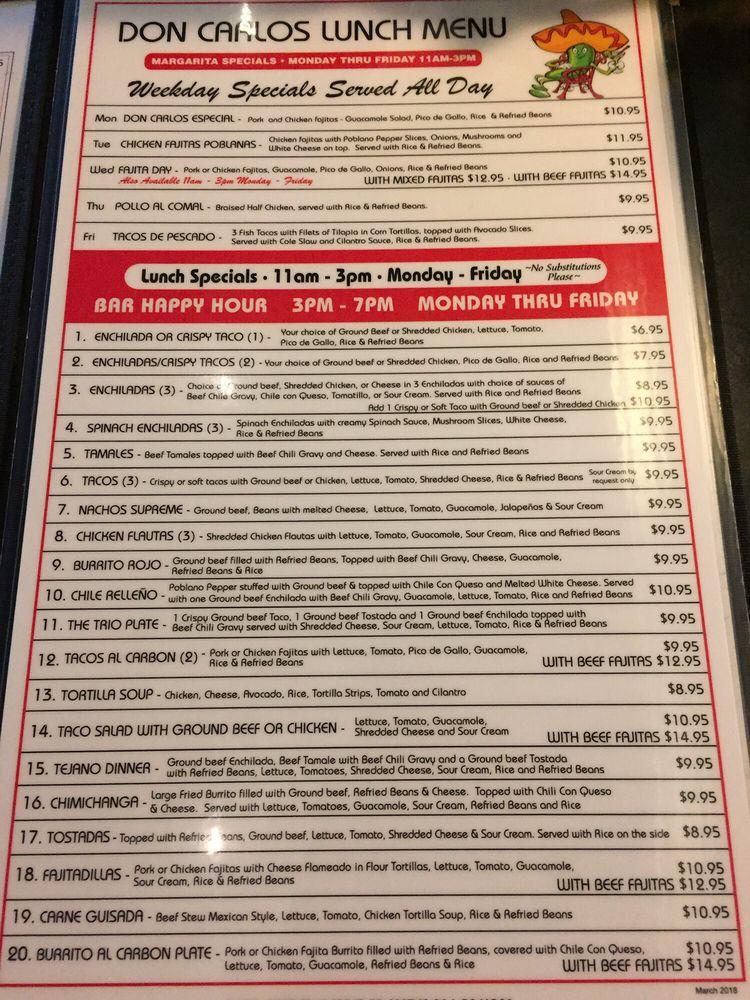 Menu at Don Carlos restaurant, Houston, Broadway St