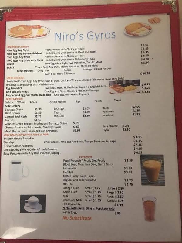Menu at Niro's Gyros restaurant, Beecher