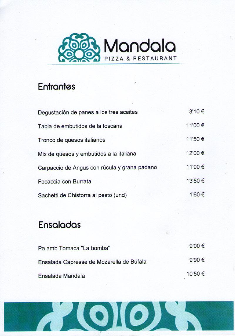 Carta de Restaurante Mandala, Oliva