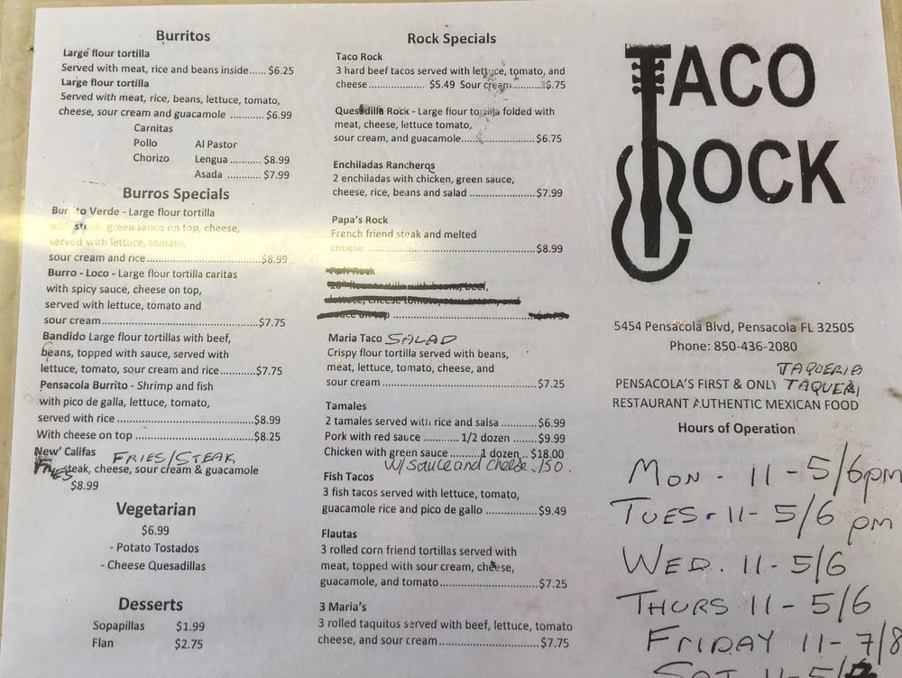 Menu at Taco Rock 29 restaurant, Pensacola, Pensacola Blvd