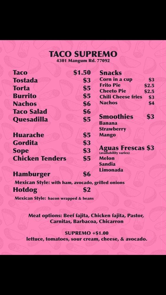 Menu at Taco Supremo pub & bar, Houston, Mangum Rd