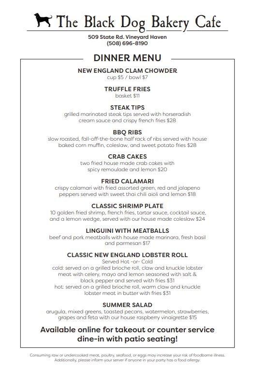 Menu at The Black Dog Bakery Café, Tisbury, 509 State Rd