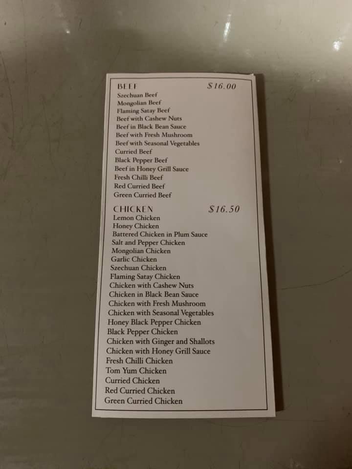 Menu at Yangtze Chinese Restaurant, Blackwood