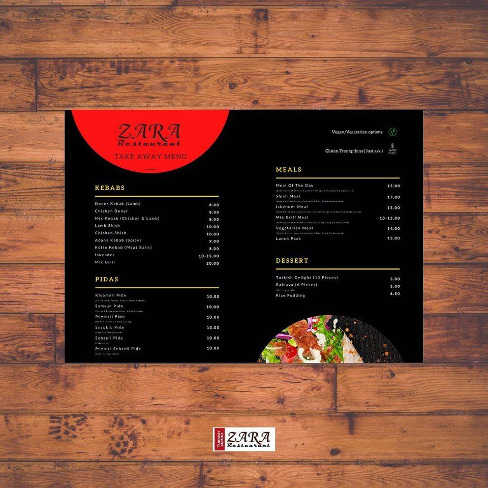 Menu at Zara restaurant, Coburg