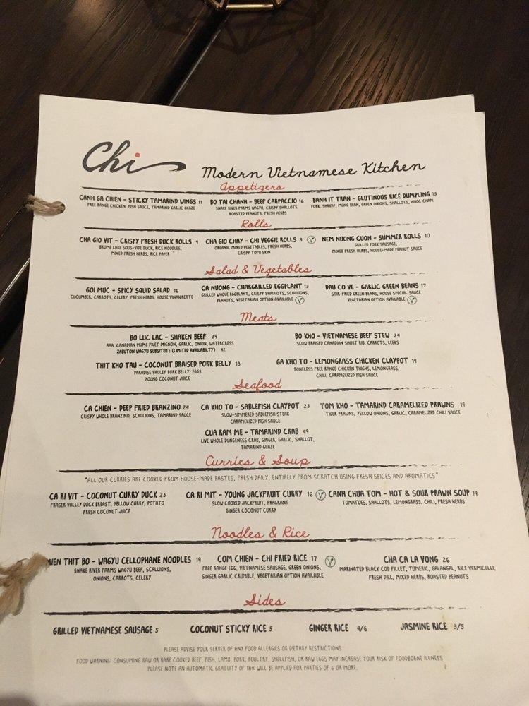 Menu at Chi restaurant, Vancouver, W 4th Ave