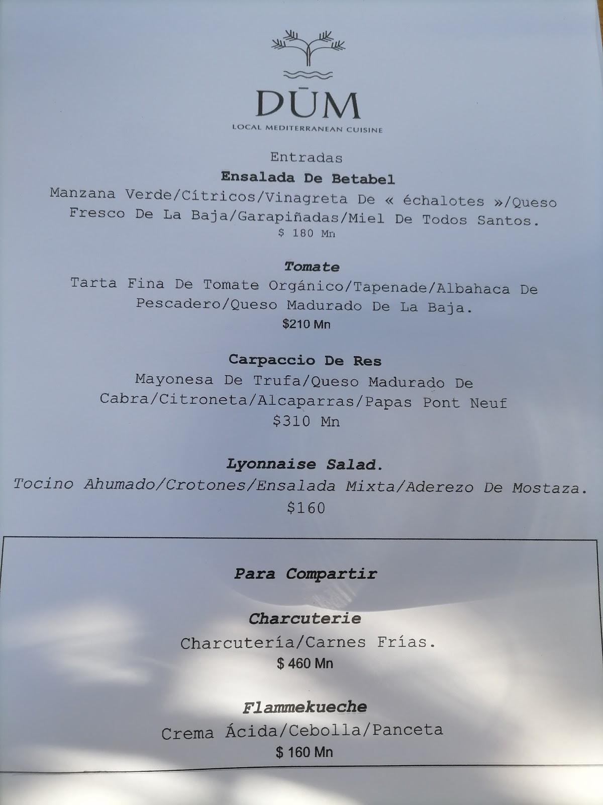 Menu at DŪM restaurant, Todos Santos