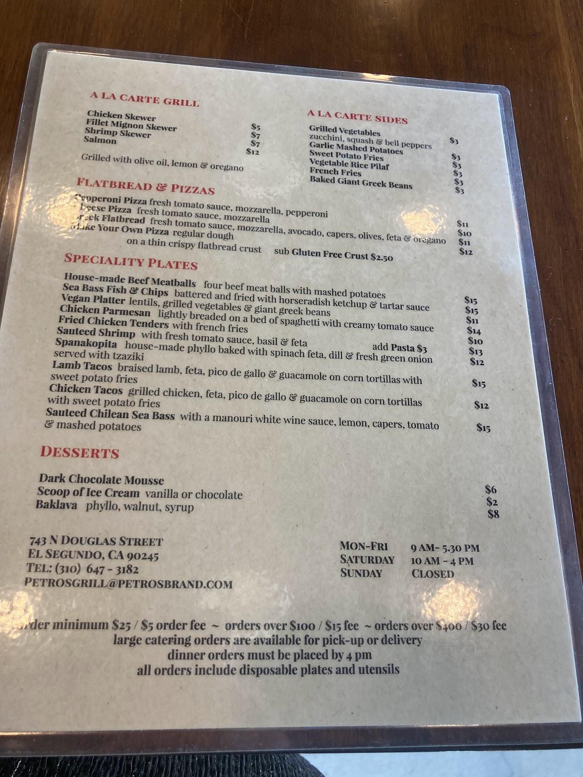 Menu at Grill by PETROS restaurant, El Segundo