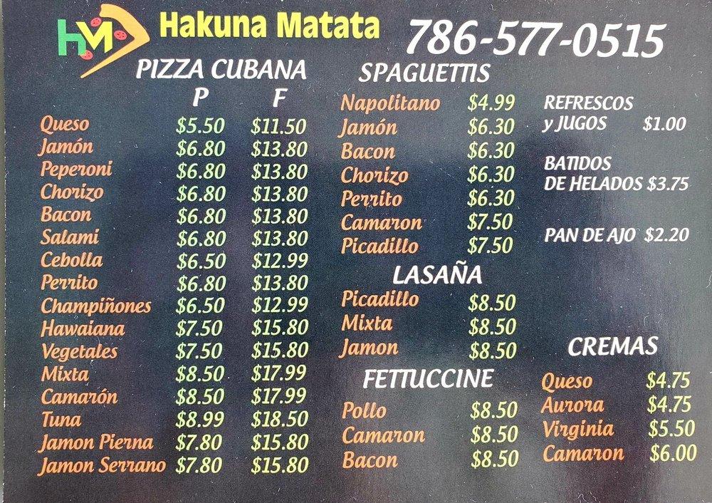 Menu at Hakuna Matata Pizza Cubana pizzeria, Hialeah