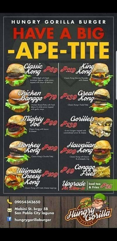 Menu at Hungry Gorilla Burger restaurant, San Pablo City