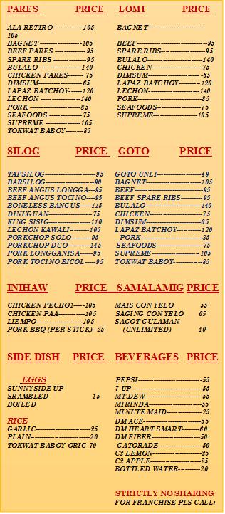 Menu at Kumpares Divimart Manggahan restaurant, General Trias