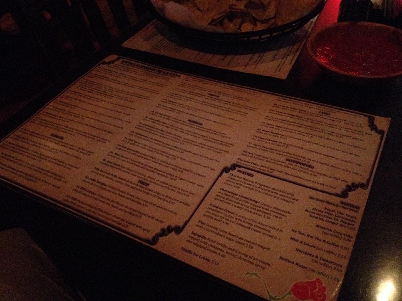 Menu at La Zona Rosa restaurant, Montgomery