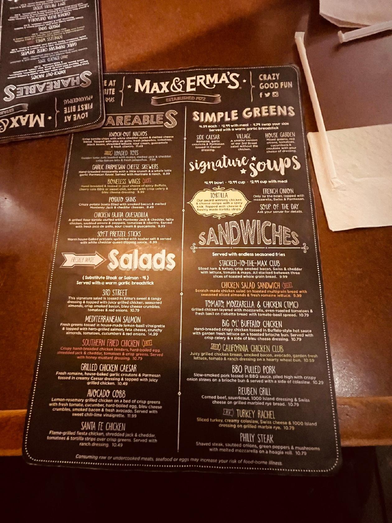 Menu at Max & Erma's restaurant, Lancaster, N Memorial Dr