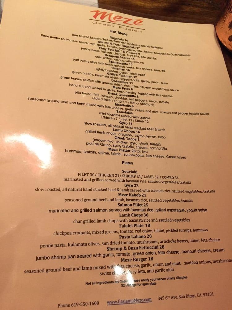 Menu at Meze Greek Fusion restaurant, San Diego, 345 Sixth Ave