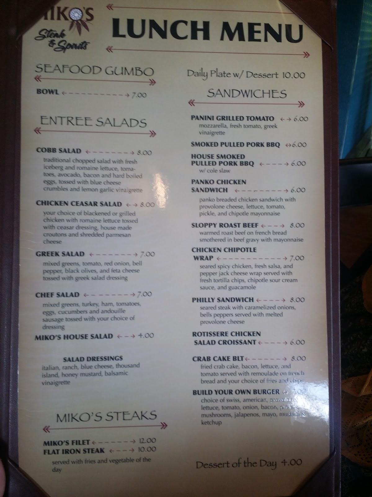 Menu at Miko's Steak & Spirits steakhouse, Jena
