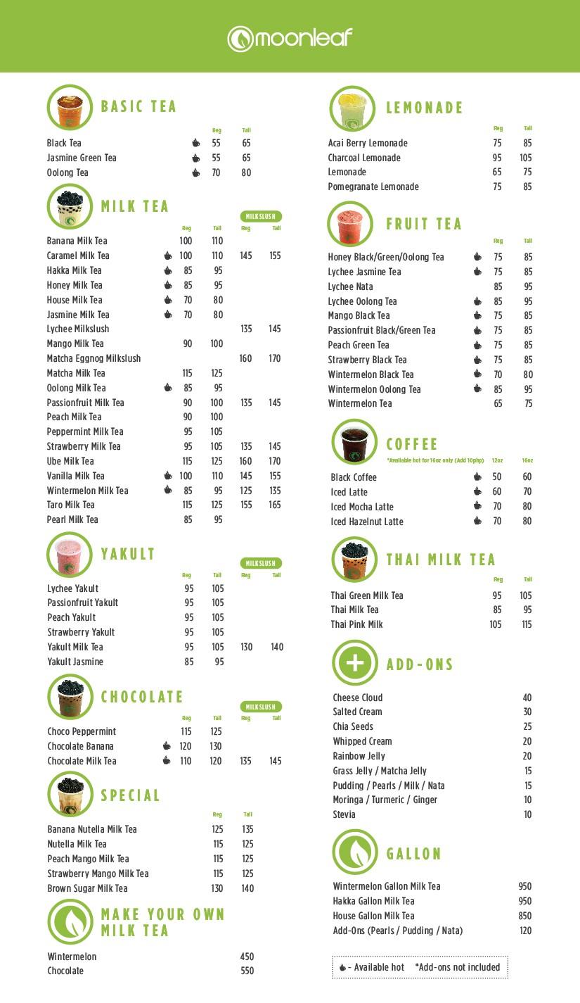 Menu at Moonleaf Tea Shop Dagupan Branch cafe, Dagupan