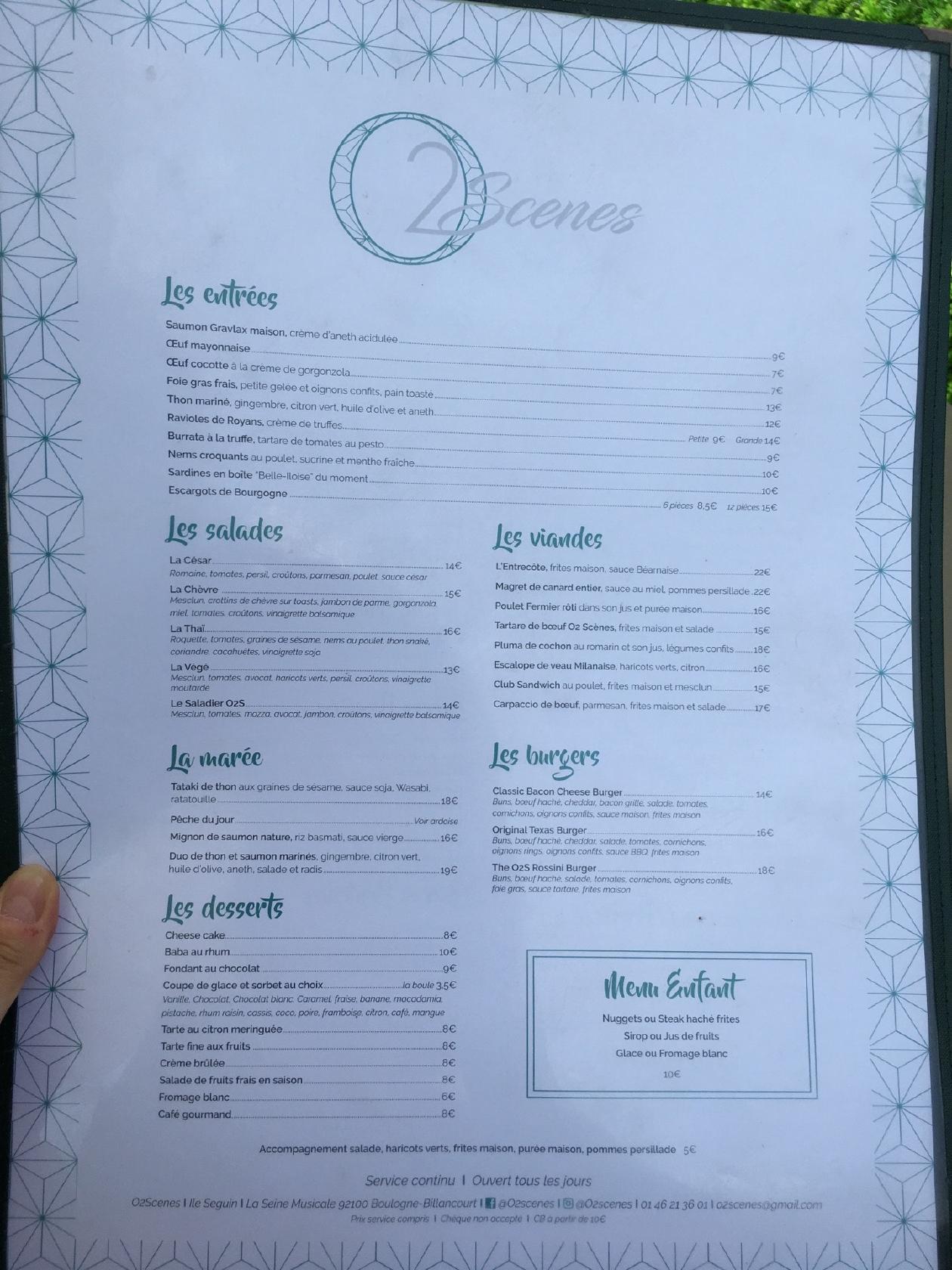 Menu au O 2 SCENES RESTAURANT, Boulogne-Billancourt