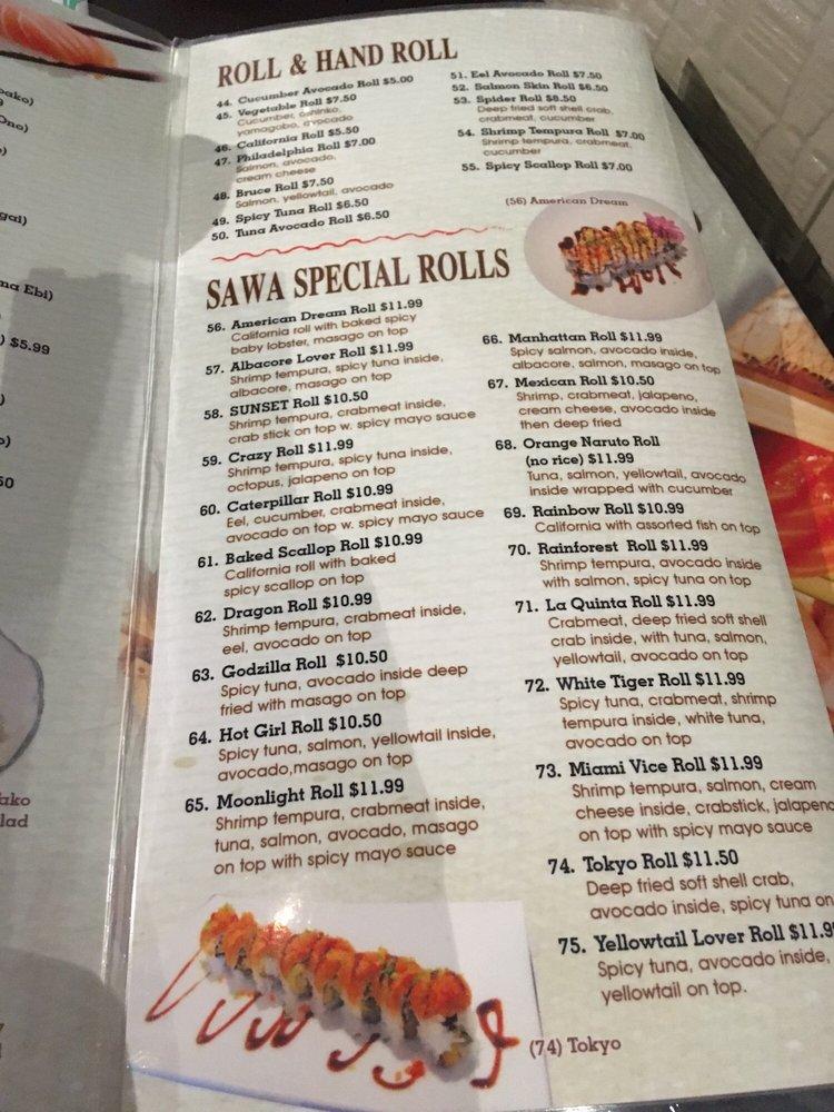 Menu at Sawa Sushi restaurant, La Quinta