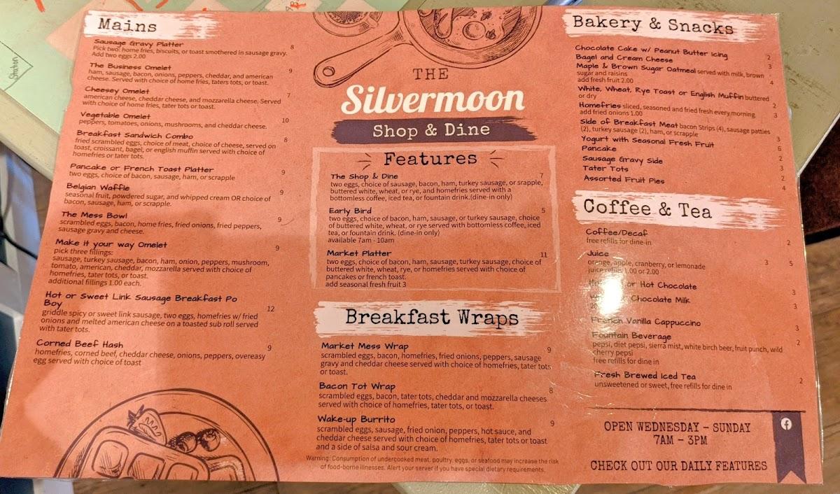 Menu at Silver Moon Shop and Dine restaurant, Lewisburg
