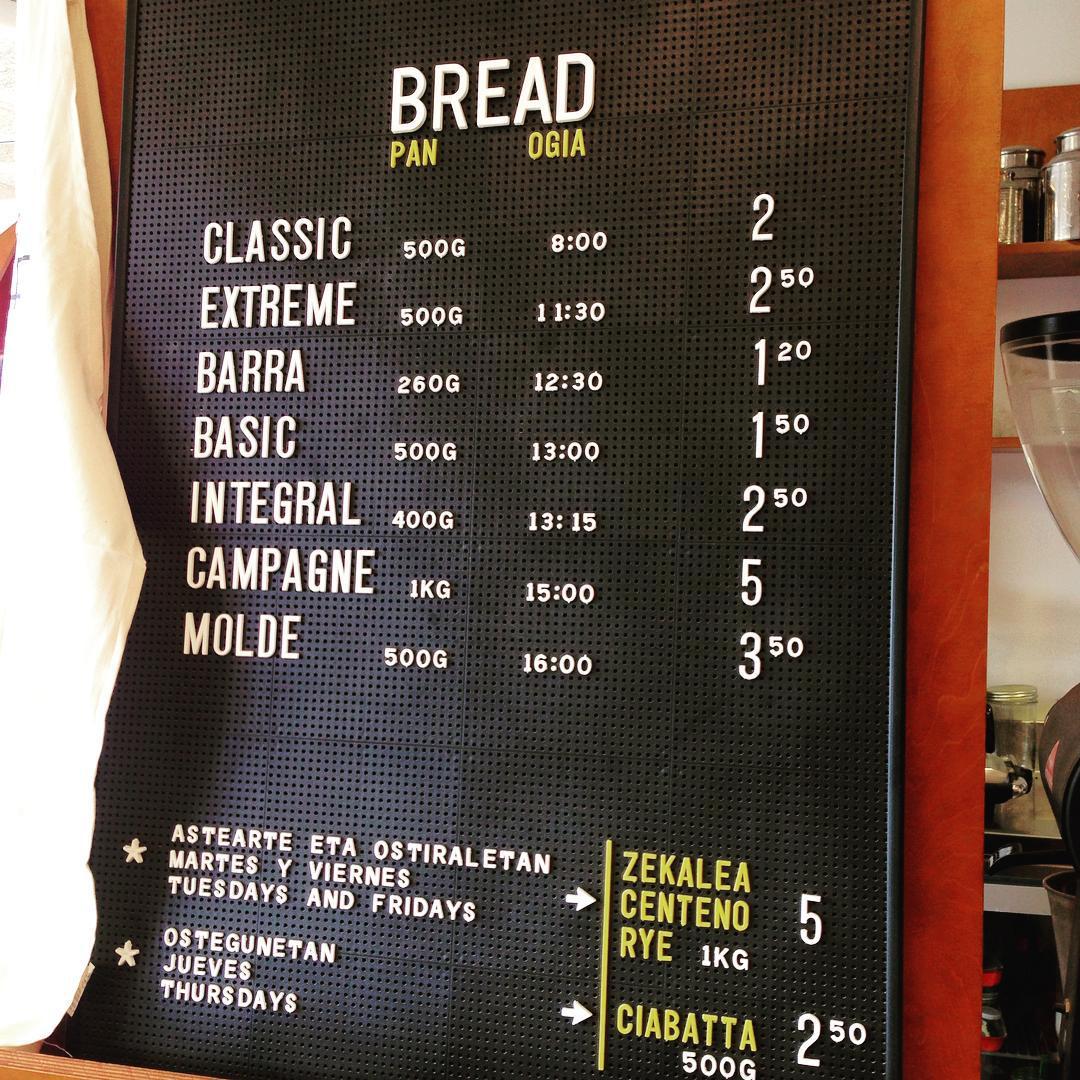 Menu at The Loaf restaurant, San Sebastián, Zurriola Hiribidea