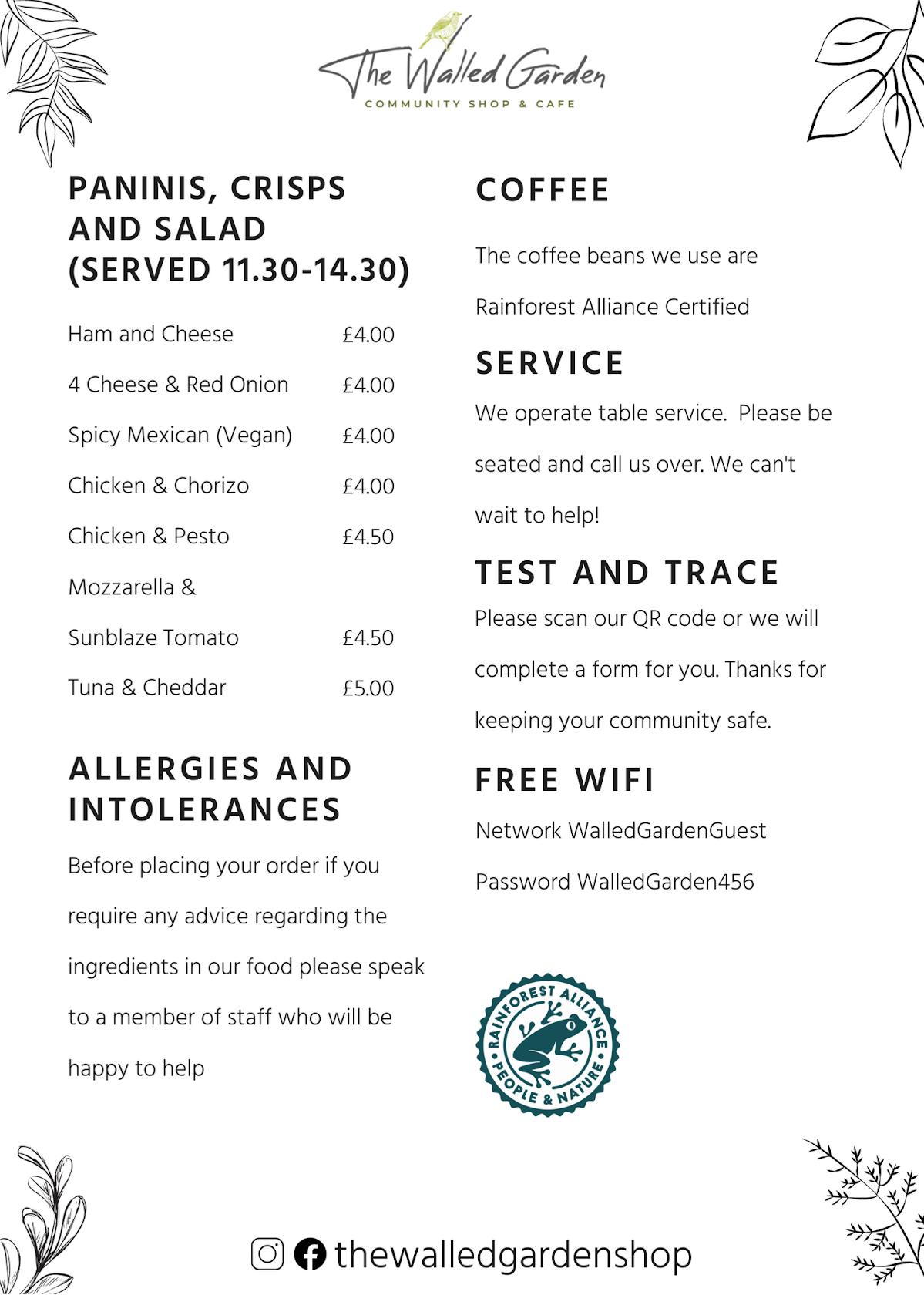Menu at The Walled Garden Community Shop and Cafe, Norwich