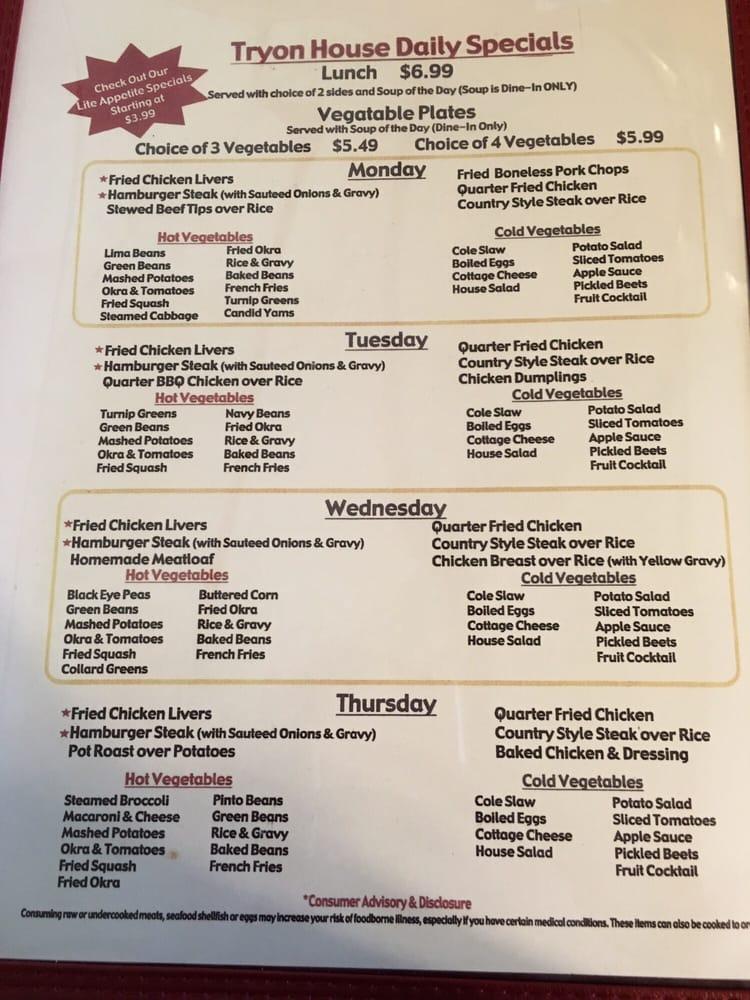 Menu at Tryon House Restaurant, Charlotte, 130 Eastway Dr
