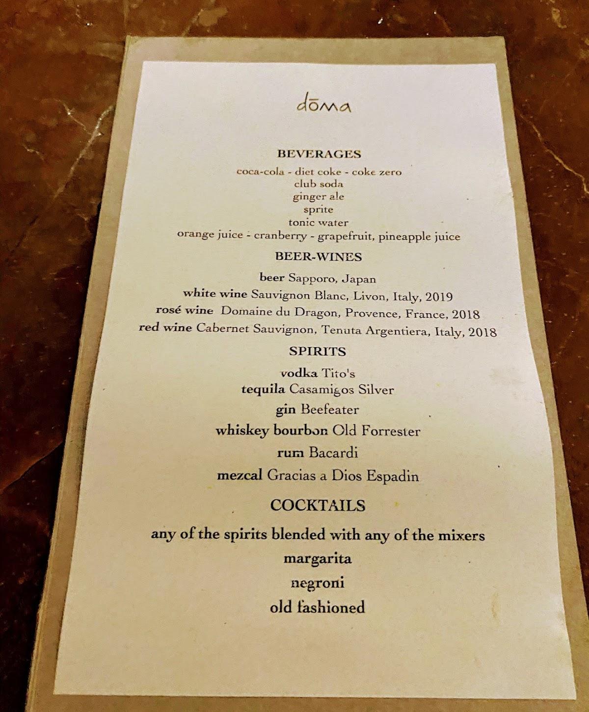 Menu at dōma restaurant, Miami