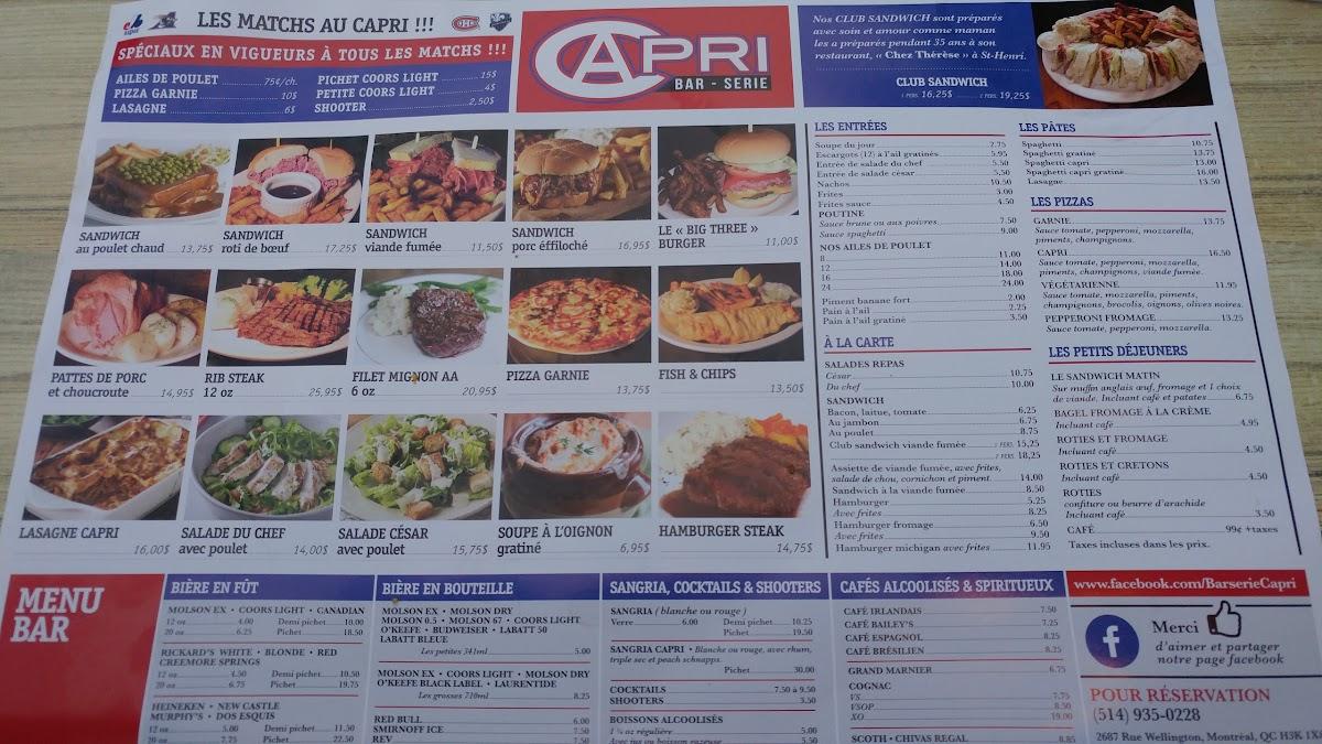 Menu at Brasserie Capri pub & bar, Montréal, Wellington St