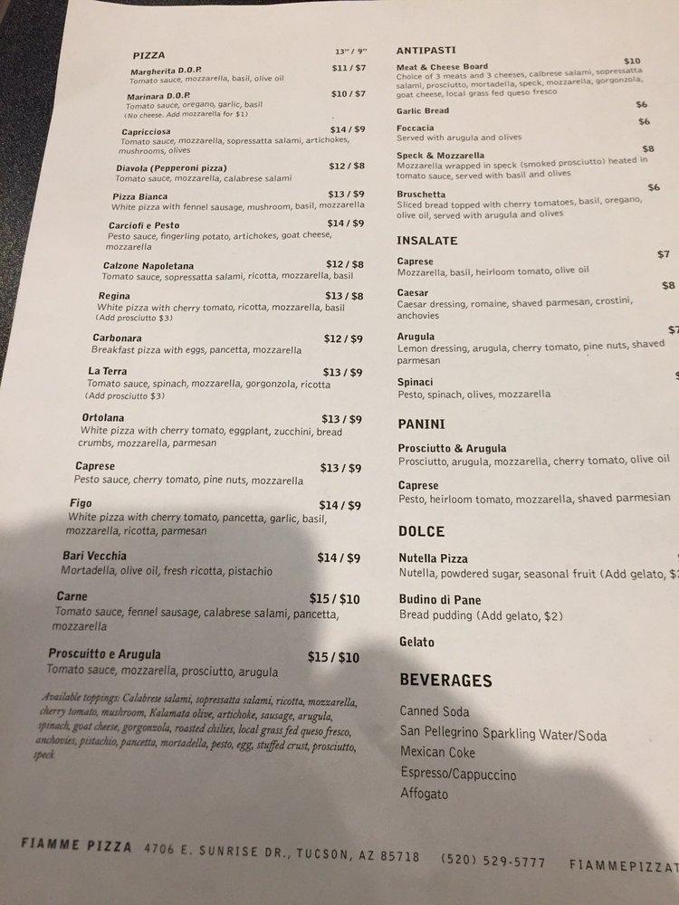 Menu at Fiamme Pizza pizzeria, Tucson