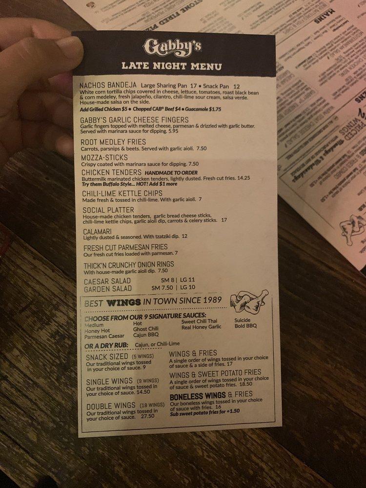 Menu at Gabby's pub & bar, Toronto, 980 Kingston Rd