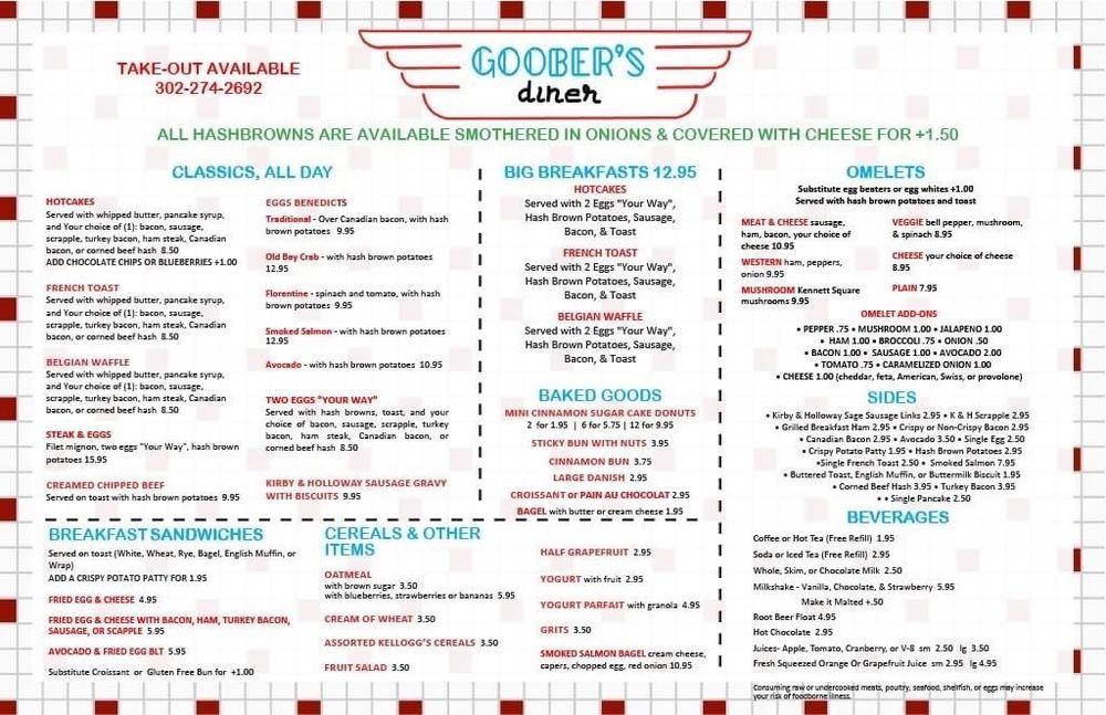 Menu at Goobers Diner restaurant, Wilmington