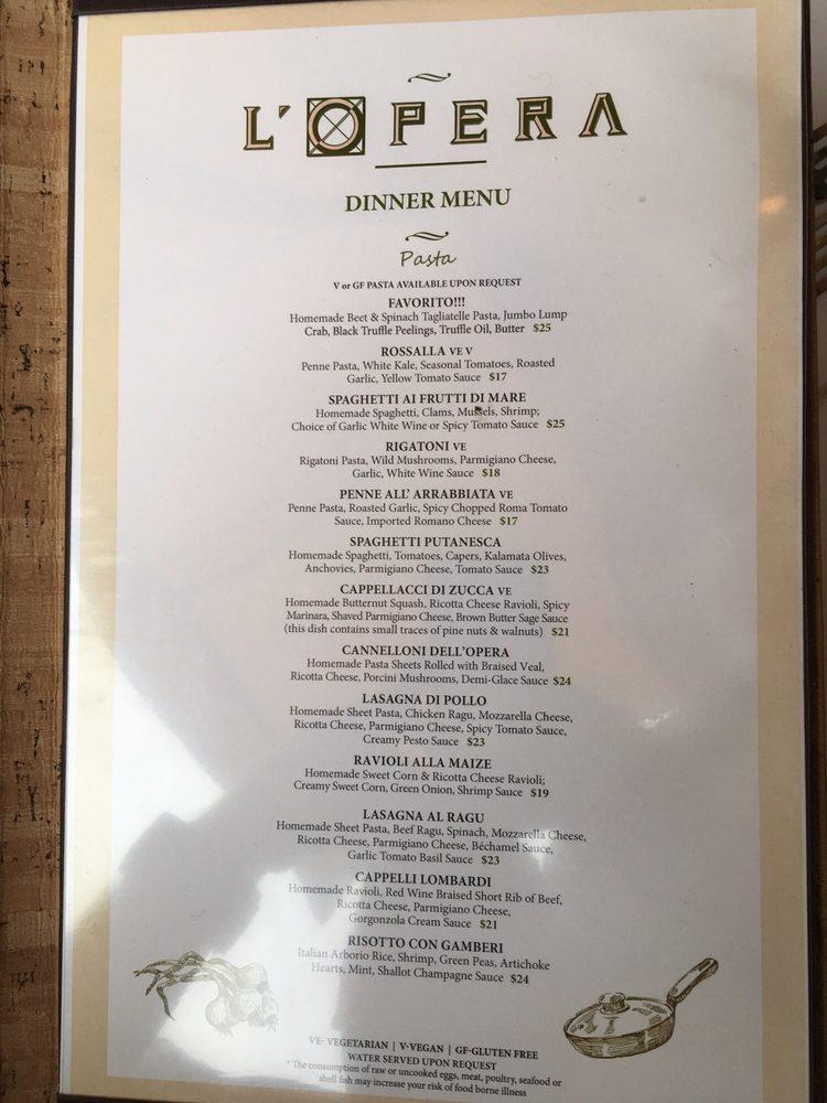 Menu at L'Opera Italian Restaurant, Long Beach