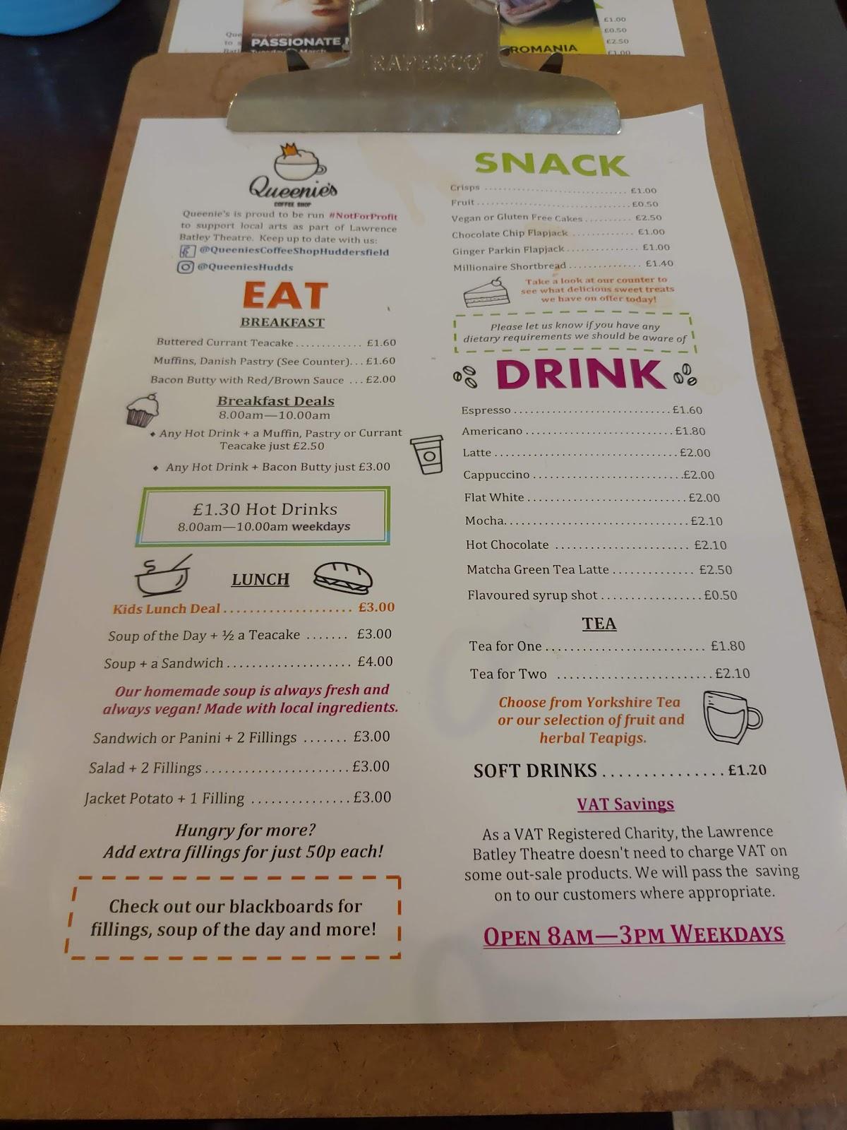 Menu at Queenie's Coffee Shop cafe, Huddersfield