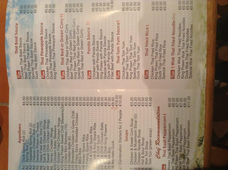 Menu at Shangri La restaurant, Letterkenny