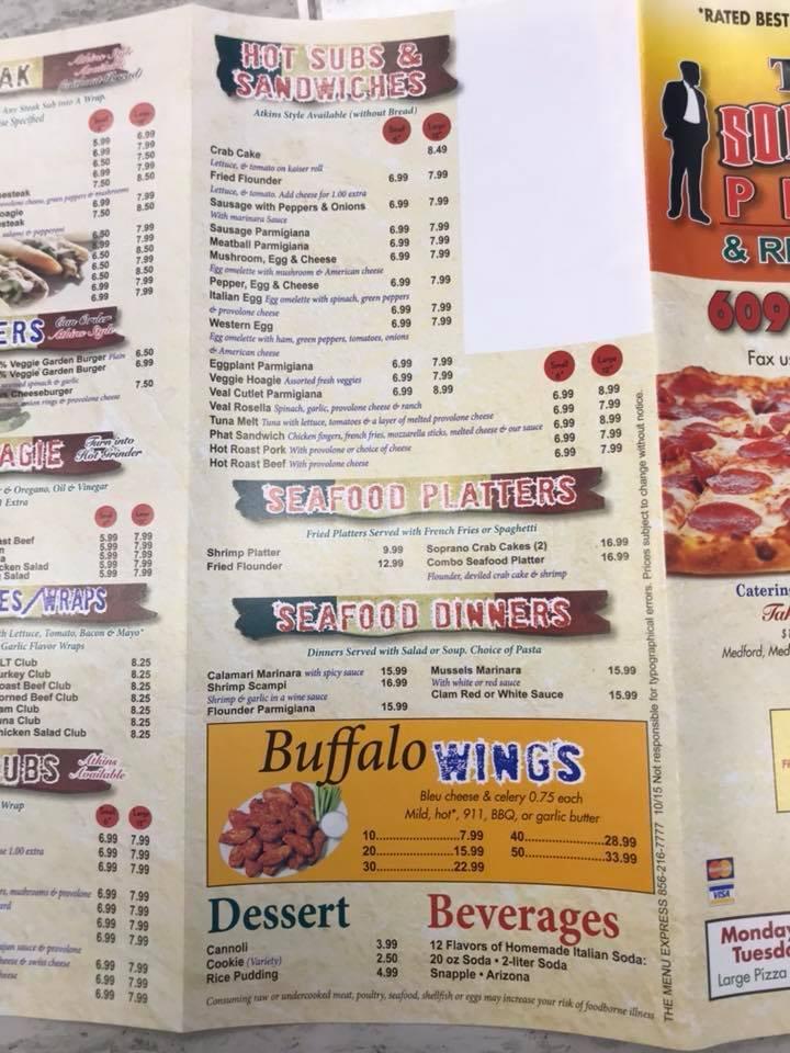 Menu at Tony Soprano's Pizza pizzeria, Medford, 11 Jackson Rd