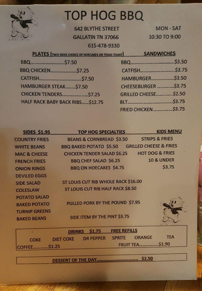 Menu at Top Hog BBQ, Gallatin