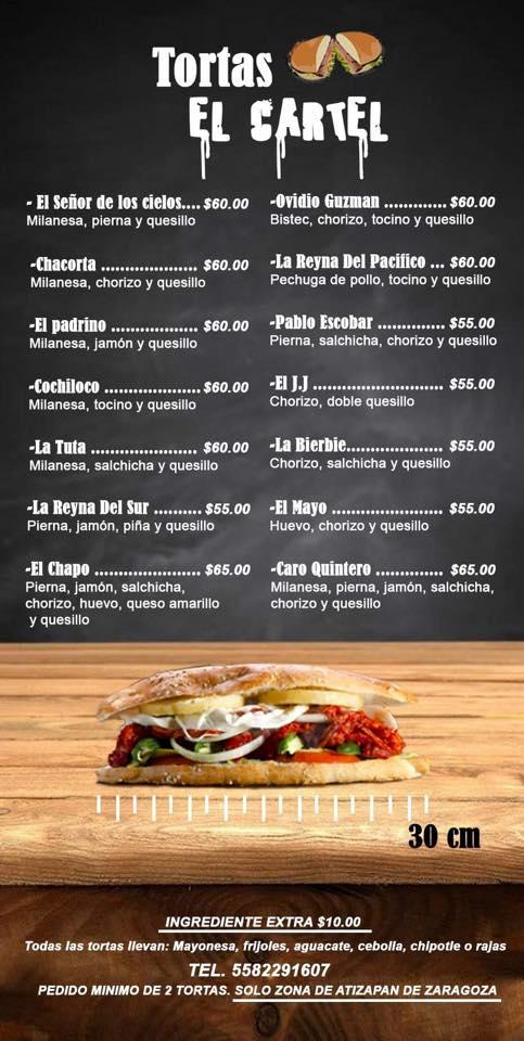 Menu at Tortas El Cartel restaurant, Mexico City