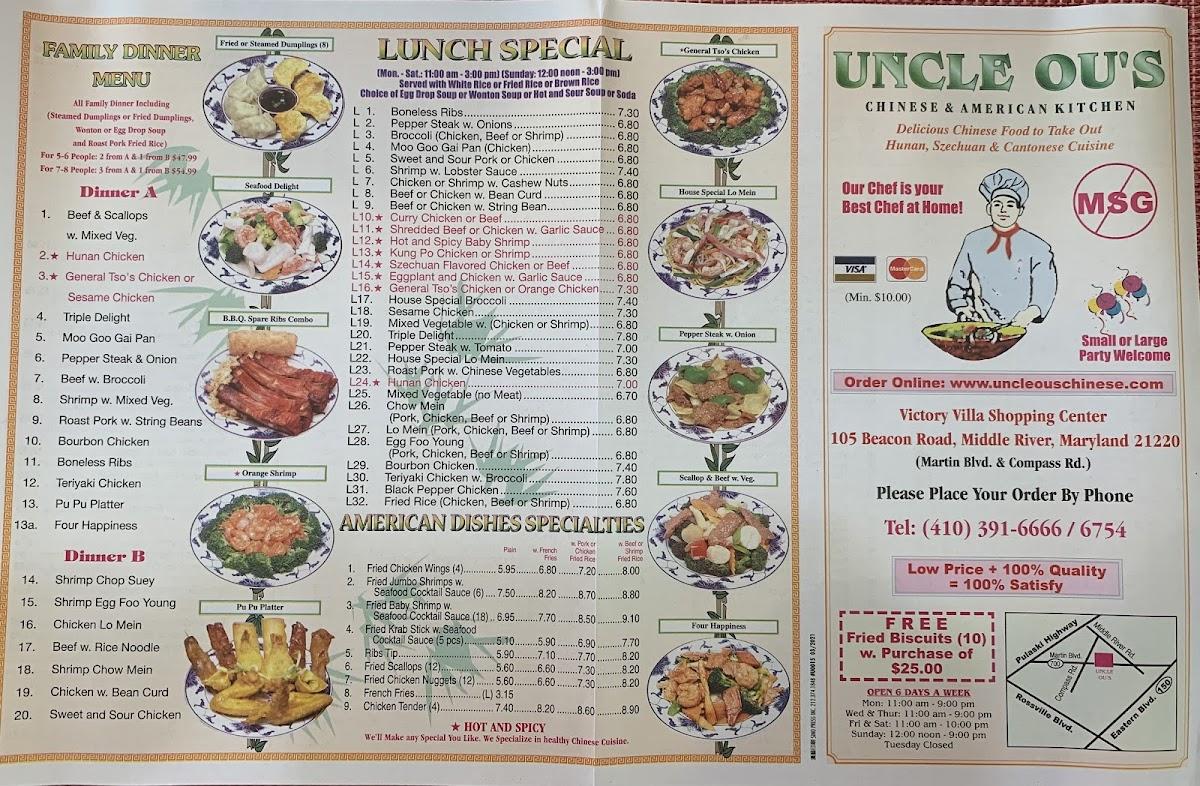 Menu at Uncle Ou's restaurant, Middle River