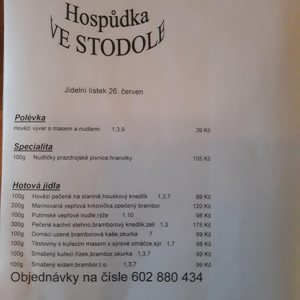 Menu at Stodola restaurant, Milevsko