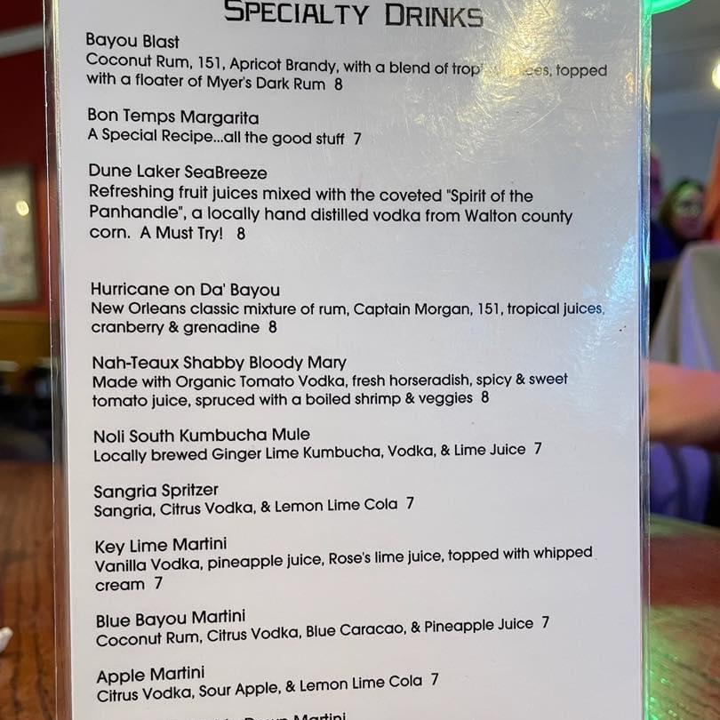Menu at Bayou on the Beach restaurant, Panama City Beach, Hutchison Blvd