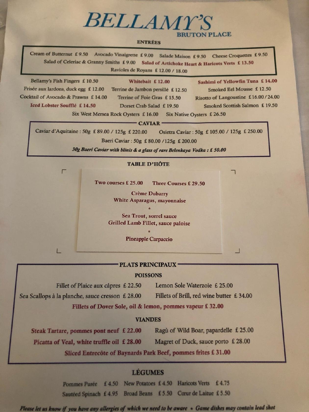 Menu at Bellamy's restaurant, London, 18 Bruton Pl
