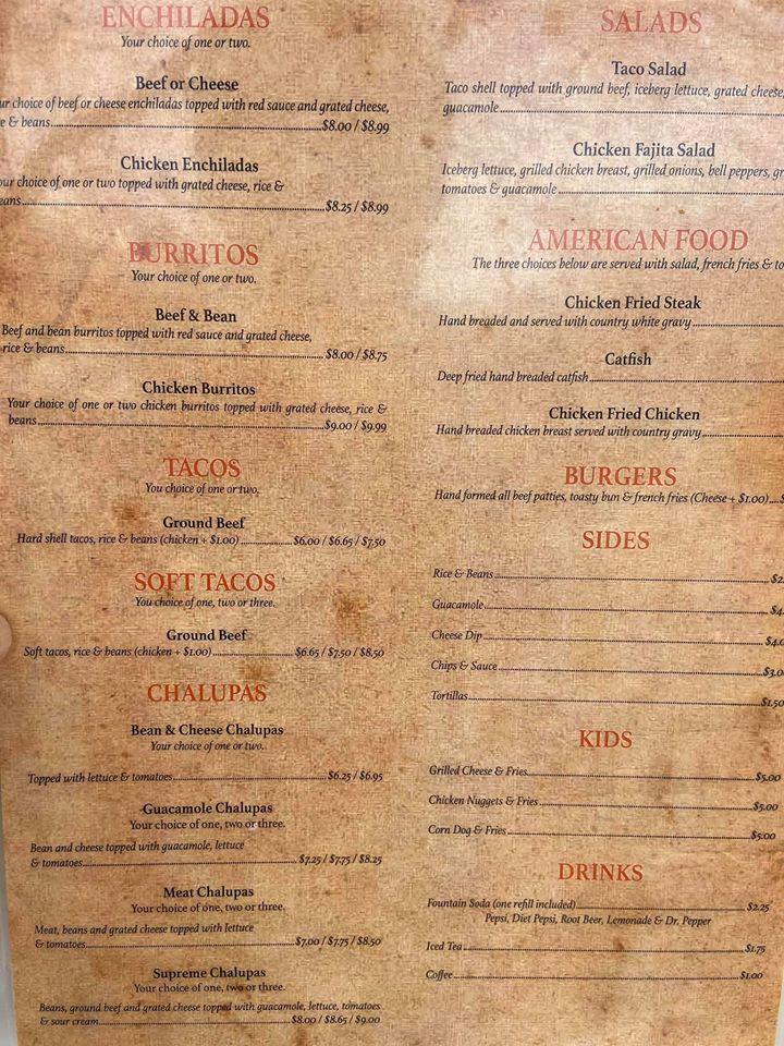 Menu at El Sombrero restaurant, Shamrock