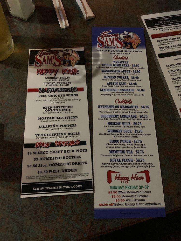Menu at Famous Sam's on Golf Links pub & bar, Tucson, E Golf Links Rd