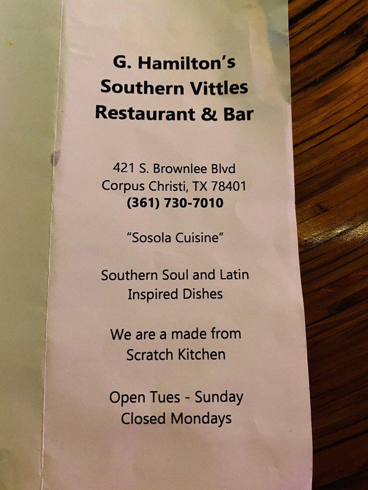 Carta del pub y bar G. Hamilton's Southern Vittles, Corpus Christi
