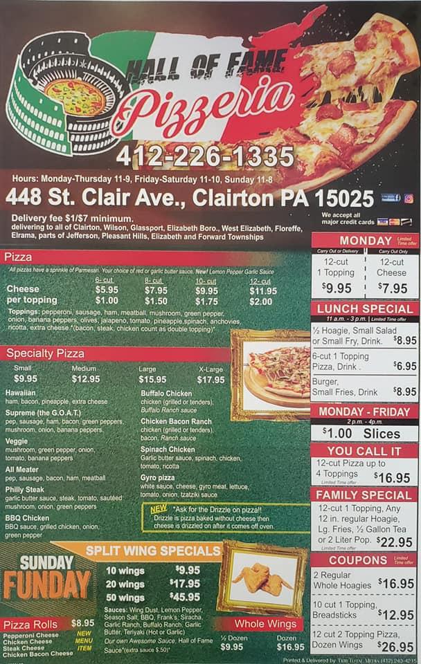 Menu at Hall Of Fame Pizzeria, Clairton