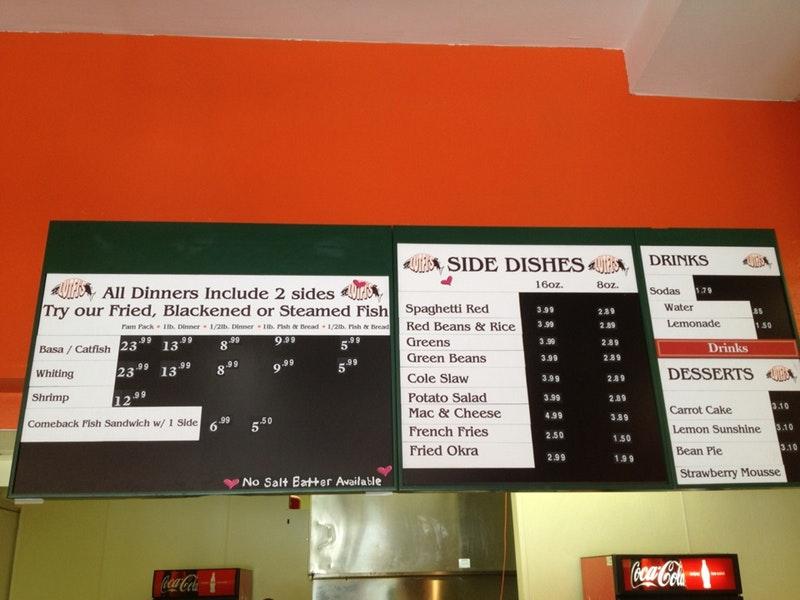 Menu at Lutfi's Fried Fish restaurant, Kansas City, Main St
